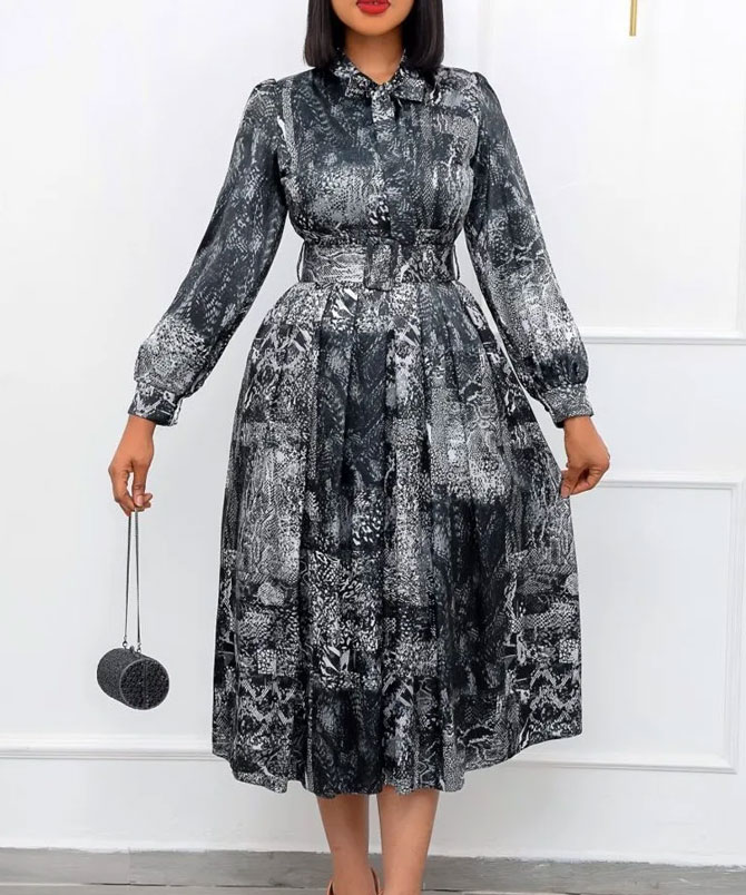 Black Print Bowtie Retro Print Dress - TORFEO